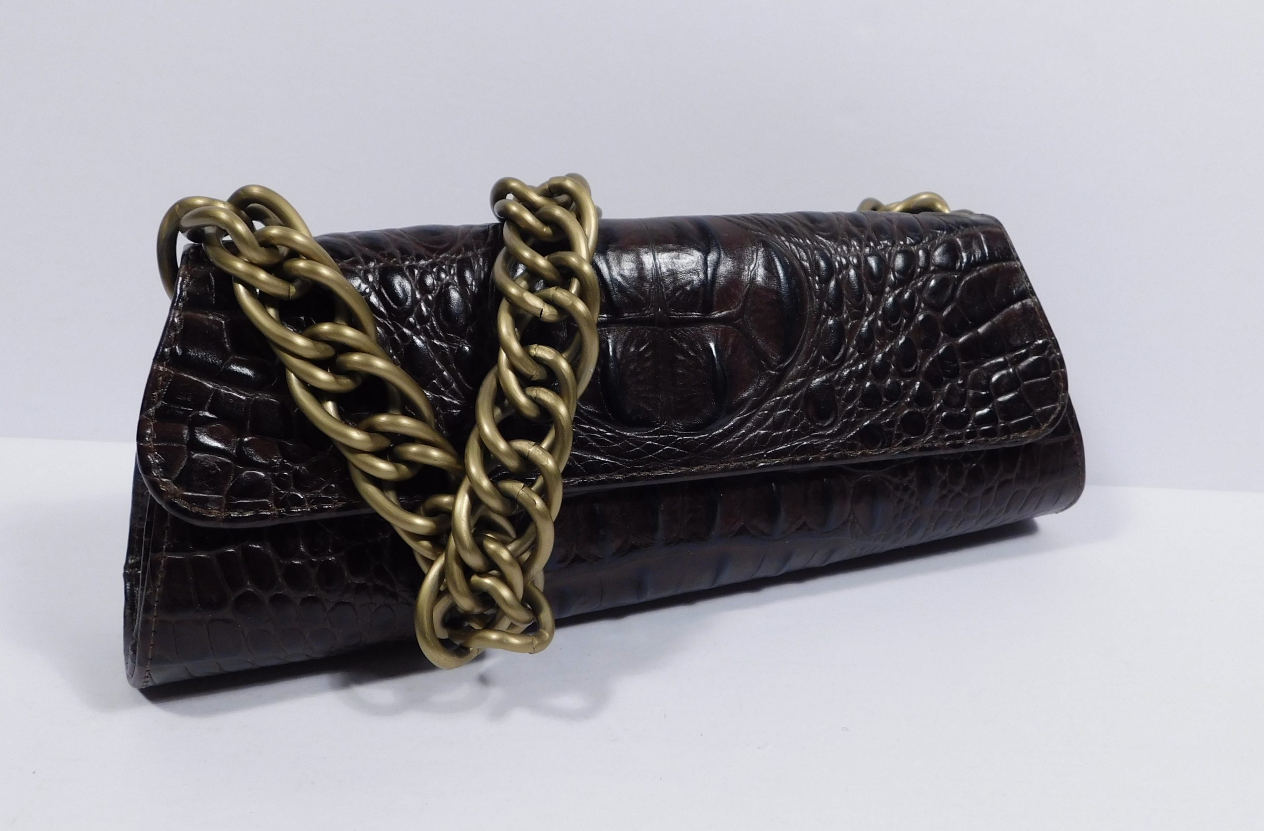 JALDA Brown Magnetic Close Crocodile Embossed Leather Clutch Handbag
